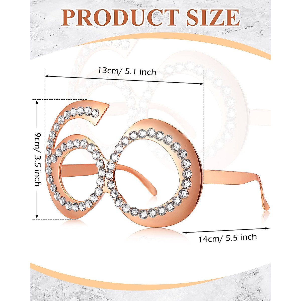 9 Pairs 60th Birthday Glasses Number 60 Crystal Frame Funny Costume Sunglasses Novelty Eyewear Celebration Decoration (Rose Gold)
