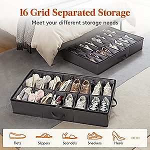 Lifewit 2 Packs Under Bed Shoe Storage Organizer, Total Fit 32 Pairs of Shoes, Foldable Shoe Rack Organizer Container with Reinforced Handle and Clear Cover for Women's and Men's Shoes