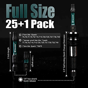 Facoow Torx Bit Set(T5-T40), 26 Pack Security Torx Bits Set with Magnetic Tips,Tamper Proof Star Bits Set S2 Alloy Steel, 1"&2" Long Impact Torque Bit Set & 2.3" Self-locking Quick Change Extension