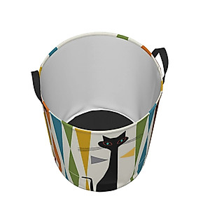 Mid-Century Modern Art Cat Printed Round Foldable Laundry Basket With Handle For Home, Bathroom, Dirty Clothes, Toy Storage