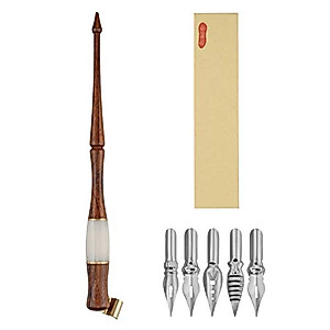 Yoption Wood Calligraphy Oblique Dip Pen Holder Set, Removable Nib Pen Handle Stand with 5 Flat Nibs Kit