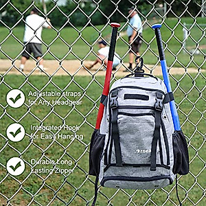 ZOEA Baseball Bat Bag Backpack, T-Ball & Softball Equipment & Gear for Youth and Adults | Large Capacity Holds 4 Bats, Helmet, Glove, Shoes | Shoe Compartment & Fence Hook & Helmet Holder Gray