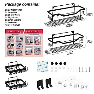 Joytey Shower Caddy, Shower Shelves Adhesive Shower Organizer with 2 Soap Dishes and 2 Shaver hook, No Drilling Rustproof Stainless Steel Shower Shelf for Bedroom, Bathroom, Kitchen, 4 Pack, Black