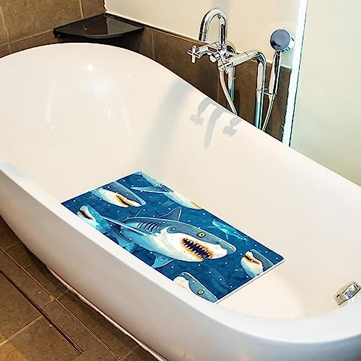 Bath Tub Shower Mat - Anti-Slip PVC Material 15.1x26.8 in, Gentle Cushioning Quick Drying Suction Cups Reliable Solution - Vicious Shark Pattern Non-Slip Floor Mat