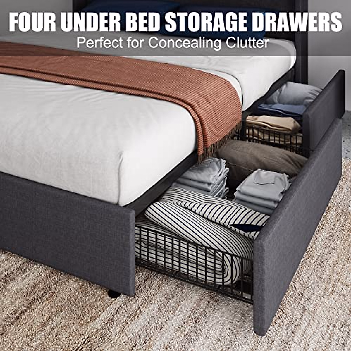 LUXOAK King LED Bed Frame with Wingback Headboard & 4 Storage Drawers, Upholstered Platform Bed with USB & USB-C Ports, App/Remote Control, Box Spring Optional, Dark Grey