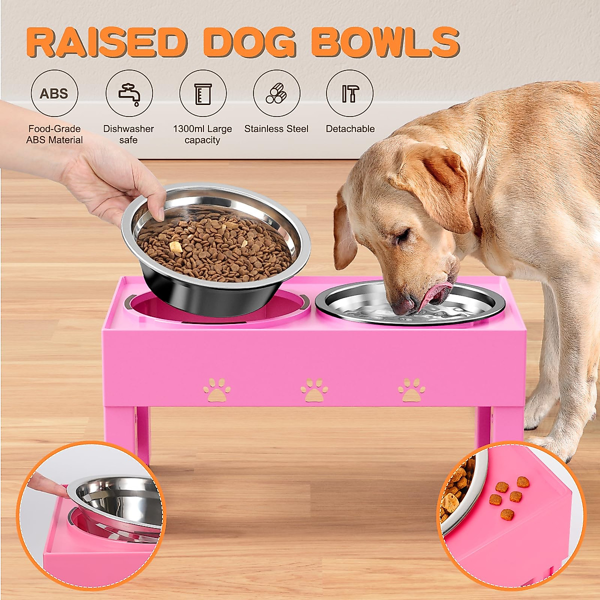 LAKIPETN Elevated Dog Bowls with 2 Stainless Steel Dog Food Bowls 5 Height Adjustable Raised Dog Bowl Stand Non-Slip Dog Feeder Adjusts to 3.1”, 9”, 10”, 11”, 12” for Medium Large Dogs - Pink