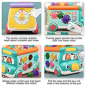Cute Stone Push Pull Bus Toy, Baby Musical Learning Toys with Sound & Light, Whack-a-Mole Game, Shape Matching, Gear, Toy Clock, Activity Bus Toy Early Education Gift for Toddler Boys Girls