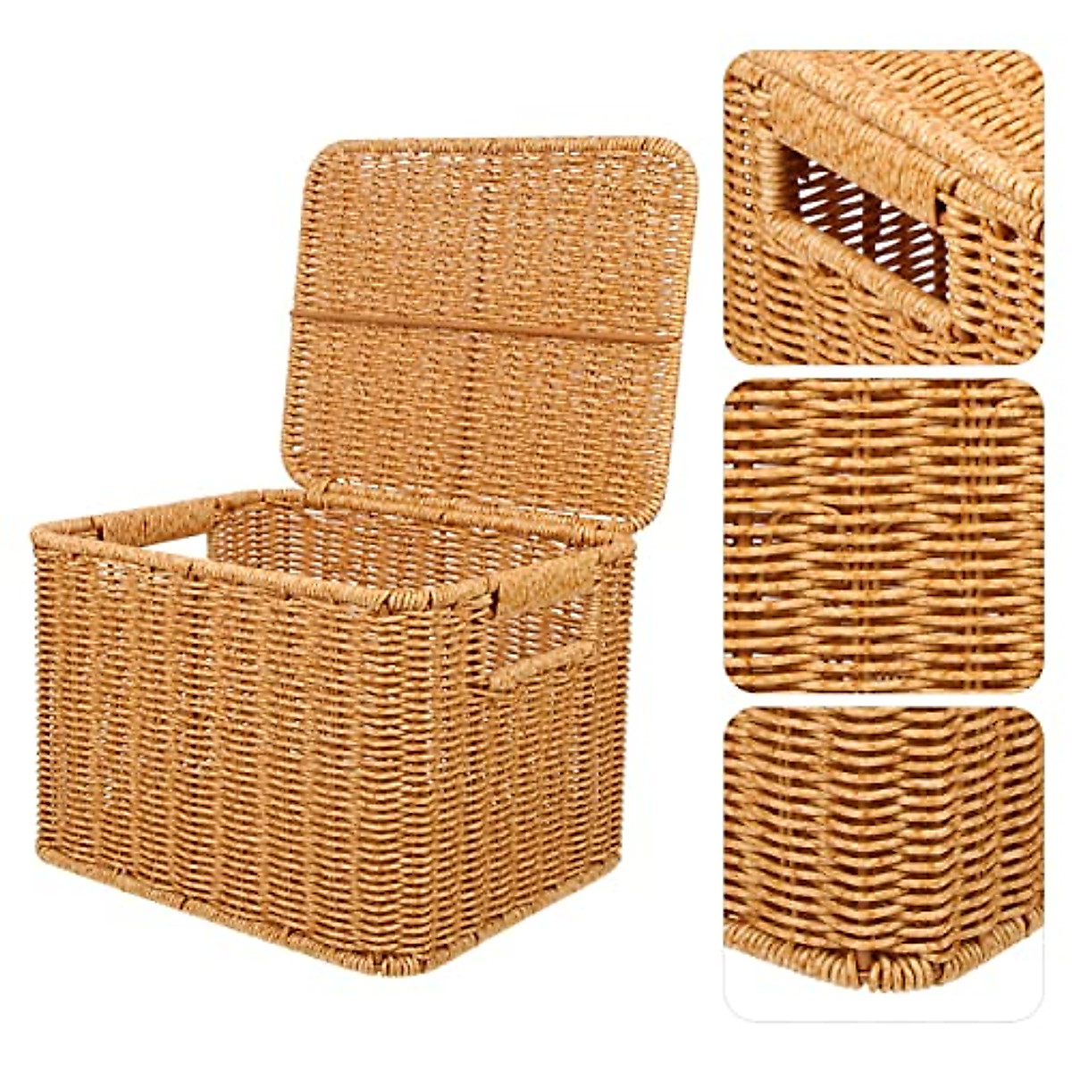 Zerodeko Baskets Woven Basket Wicker Basket Organizer with Lid Handwoven Seagrass Storage Bins Box Rectangular Plastic Basket Storage Organizer Wicker Basket for Home Office Shelf Storage Basket