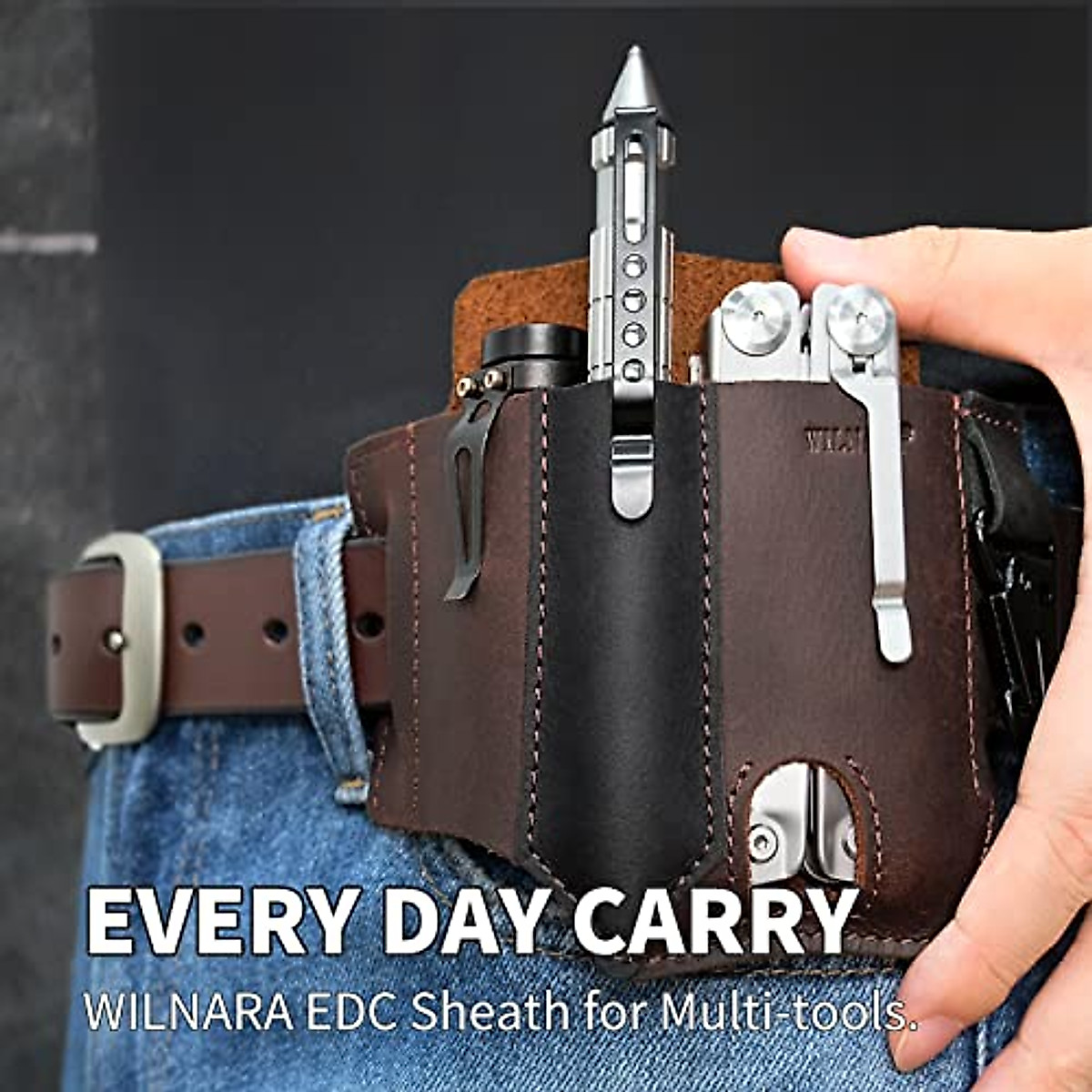 WILNARA Leather EDC Holster Multitool Sheath for Belt, Tactical Pen Holster, Flashlight Holster, Everyday Carry Retro Pocket with Keychain, Handy & Durable(Dark Brown)