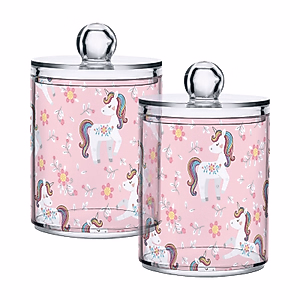SDMKA 2 Pack Apothecary Jars Bathroom White Unicorn Pink Qtip Holder Dispenser Clear Plastic Storage Canister Jar with Lid for Cotton Ball, Cotton Swab