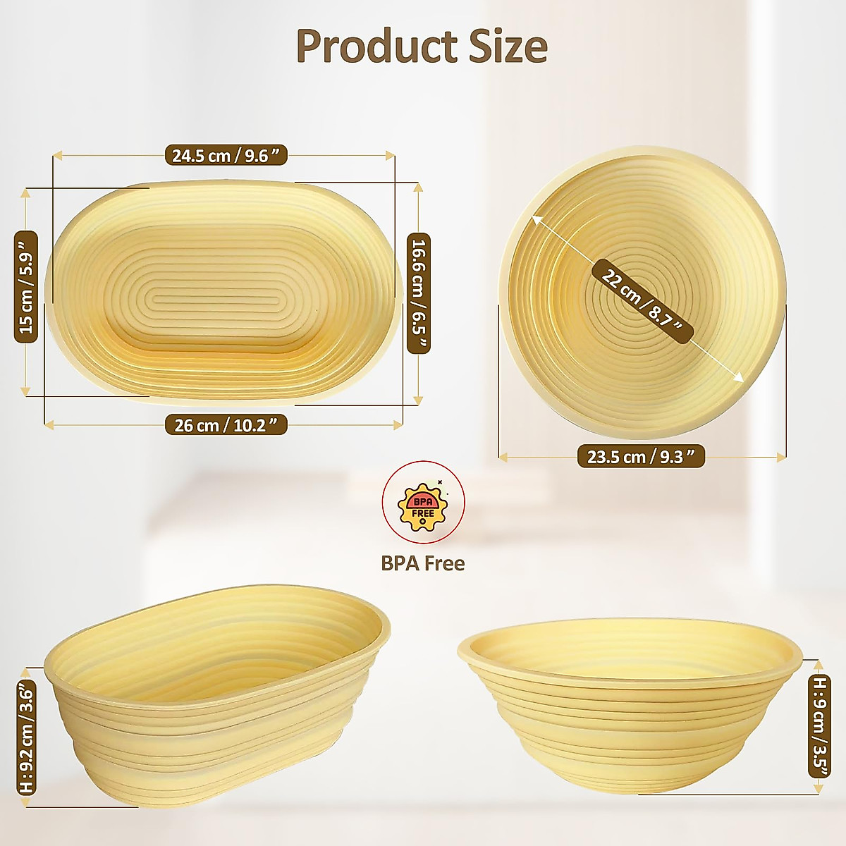 TMYIOYC Silicone Sourdough Bread Baking Supplies, 10 inch Oval & 9 inch Round Sour Dough Starter Kit, Foldable Banneton Bread Proofing Basket, Set of 2 Proofing Bowls for Sourdough Bread Baskets
