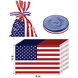100 Pcs Patriotic Cellophane Treat Bags 4th of July Candy Goodie Bags Memorial Day Independence Day Red White Blue Star Loot Bags with 22 Yards Ribbon 4th of July Party Favor Decor, 6 x 9 Inch