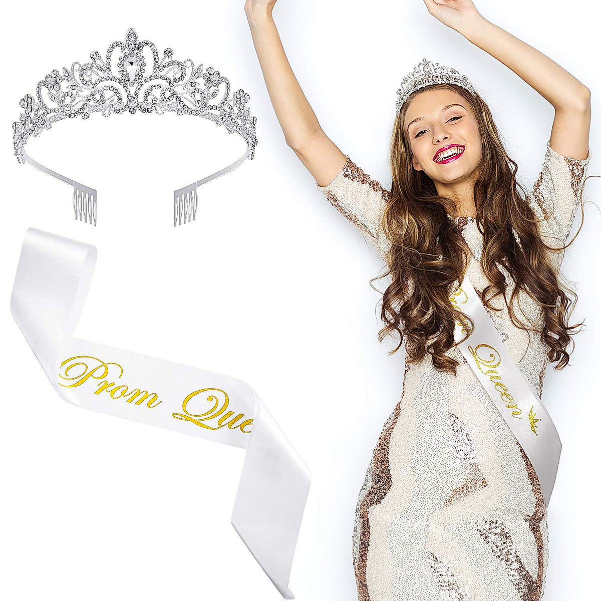 WILLBOND 2 Pcs Prom Queen Sash and Tiara Set Prom Sash Rhinestone Crystal Tiara Crown with Comb for Wedding Graduation and Prom Party Supplies, Silver
