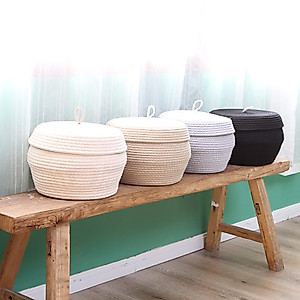 Sea Team Round Cotton Rope Storage Basket with Lid, Decorative Woven Storage Bin, Pot, Caddy, Organizer, Container for Snacks, Towels, Plants, 13 x 9 Inches (Large, Cream)