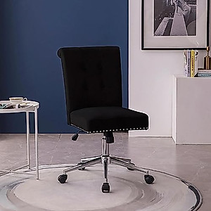JOUUQZ Velvet Office Chair Button Tufted Swivel Adjustable Desk Chair with Nailheads Trim, Upholstered Armless Black Home Office Desk Chair with Wheels and Metal Base