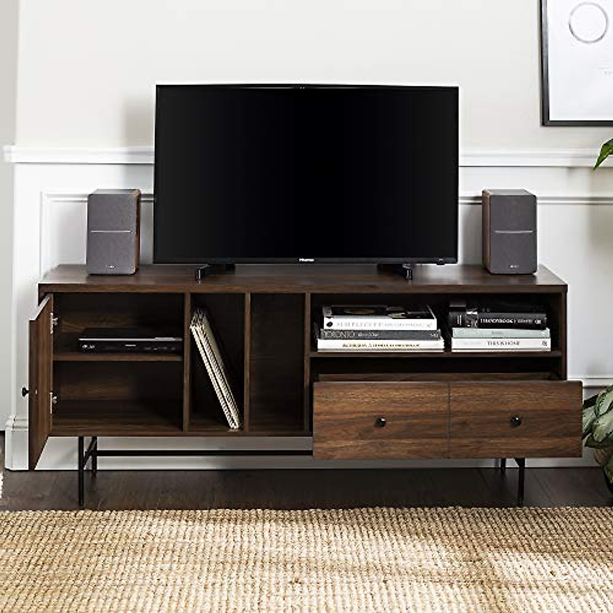 Walker Edison Modern Wood TV Stand with Record Storage for TV's up to 65" Flat Screen Universal TV Console Living Room Storage Cabinet Doors Shelves Entertainment Center, 60 Inch, Dark Walnut