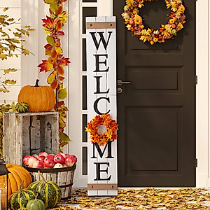 Glitzhome Wooden Welcome Sign for Porch Front Door Outdoor Rustic Farmhouse Vertical Hanging Wall Decor with Changable Wreathes, 60"H, White