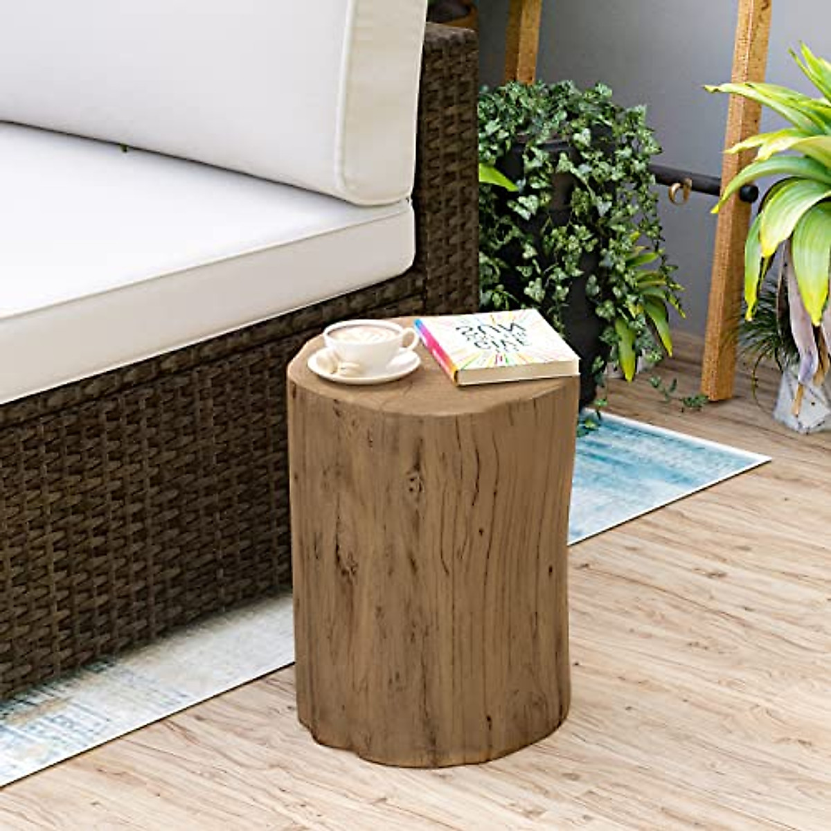 HOMPUS Concrete Outdoor Side Table Tree Stump Modern Round Coffee Table Accent Table Plant Stand Faux Wood End Table Garden Stool for Patio,Home Decor, Living Room(Light Oak)