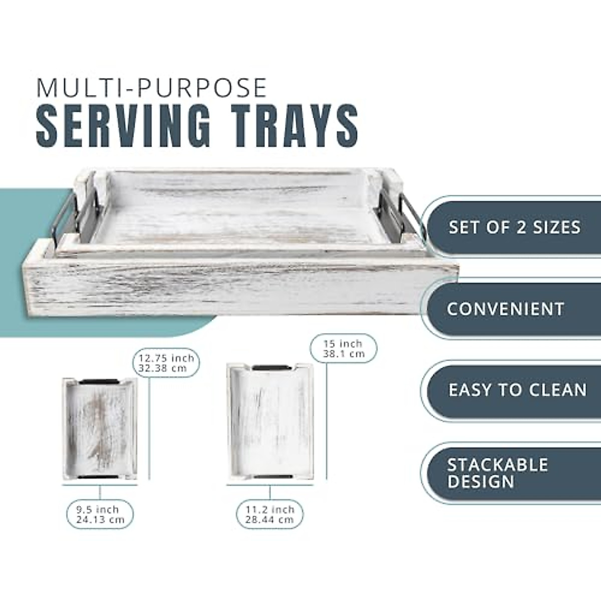 Rustic Wooden Serving Trays with Handle - Set of 2 - Large and Small Nesting Multipurpose Trays - for Breakfast, Coffee Table/Butler & More - Rustic White