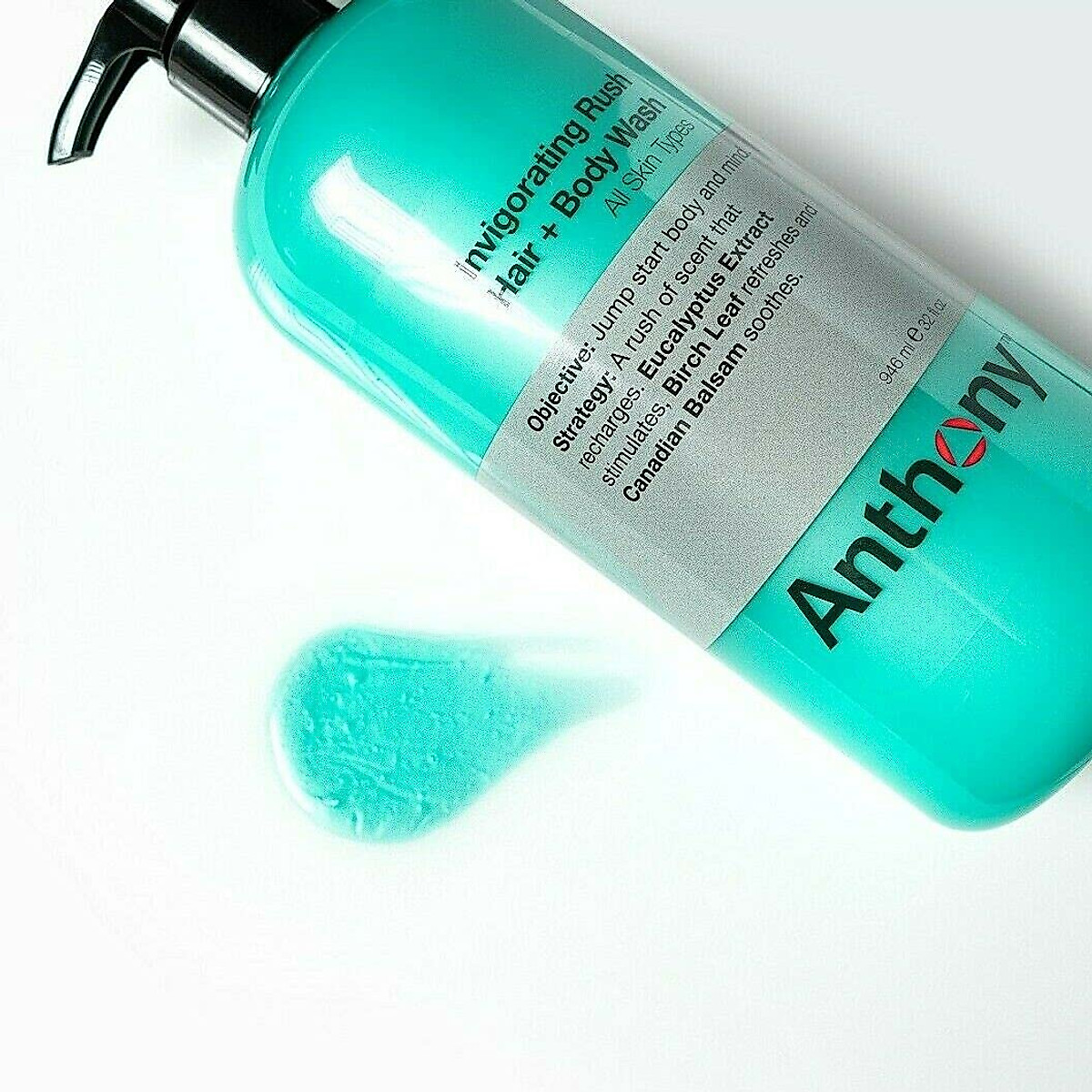 Anthony Mens Body Wash and Shampoo: Invigorating Rush 2-In-1 Liquid Gel Soap & Hair Shampoo – Pine Wood Scent Contains Eucalyptus Extract, Canadian Balsam & Birch Leaf 32 Fl. Oz