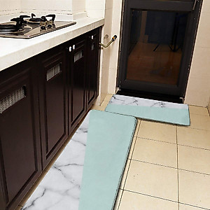 Midetoy Kitchen Rugs and Mats Set Real White Marble Half Pastel Mint Green Anti Fatigue Kitchen Rug Non Slip Floor Rugs Indoor Outdoor 17"X48"+17"X24"