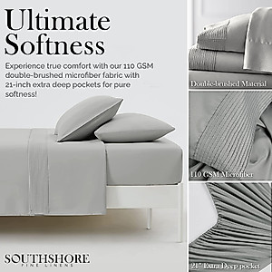 SouthShore Fine Living Vilano Pleats, 4-Piece, 21-Inch Extra Deep Pocket Sheet Set, King Sheets with Flat Sheets and Pillowcase, Easy Care and Shrinkage-Free Deep Pocket Sheets, Sheet Set, Steel Grey