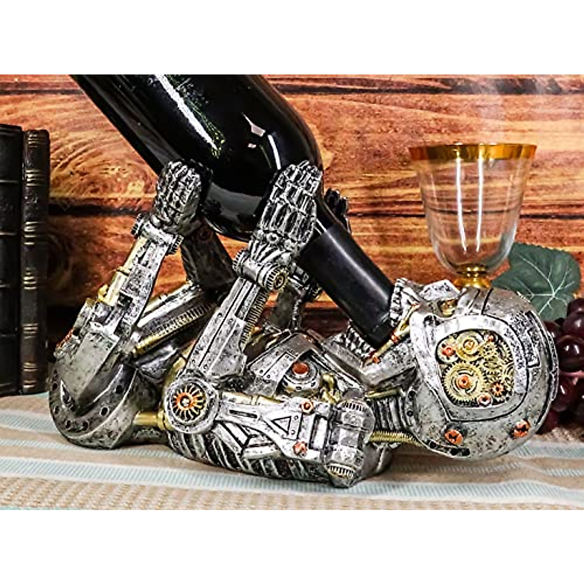 Ebros Steampunk Industrial Victorian Sci Fi Cyborg Robotic Terminator Skeleton Wine Bottle Holder Figurine with Painted Gearwork Clockwork and Mechanical Parts Party Hosting Skeletons Skulls Decor