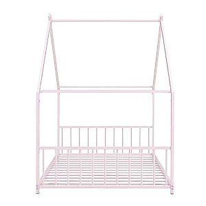 SIYSNKSI Twin Size House Bed, Metal Floor Bed Frame with Roof and Sturdy Slat Support, Platform Bed for Kids Teens Girls Boys Bedroom Furniture, No Box Spring Needed (Pink+ Metal-C35)