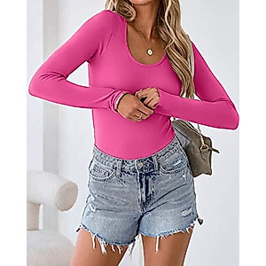 VICHYIE Fall Women's Square Neck Long Sleeve Shirts Scoop Ribbed Henley Tee Slim Fitted Casual Basic Tshirts Top Blouses Hot Pink L