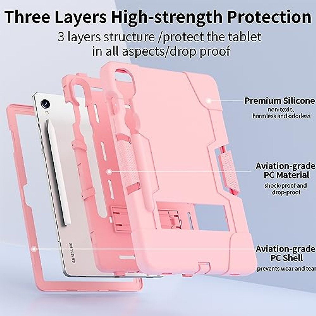 Kezigud Shockproof Kickstand Case for Galaxy Tab S9 11''/S9 FE 10.9'', Heavy Duty Hybrid Rugged Three Layer Soft Silicone+Hard PC with S-Pen Holder Cover for Samsung Tab S9/S9 FE 2023(Rose Gold)