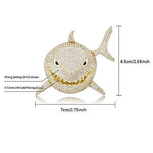 Xikui Ice Out Pendant Necklace, Miami 15MM Cuban/Twist 4MM Chain Necklace, Gold/Silver Pendant Chain for Men Women (gold shark with 22inch cuban chain)