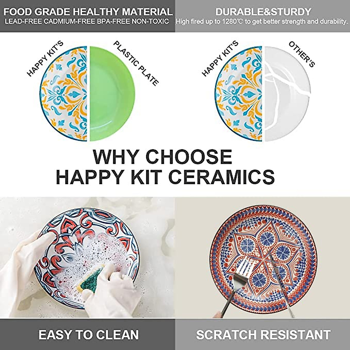 HAPPY KIT 8 inch Pasta Bowls, Salad Bowls Set of 6 for Dessert Appetizer Pasta Bread, Scratch Resistant & Leak Free, Microwave, Oven and Dishwasher Safe, Multiple Pattern