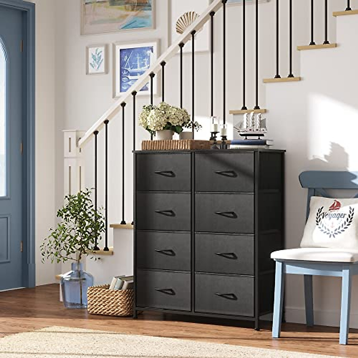 WLIVE Fabric Dresser for Bedroom, Tall Dresser with 8 Drawers, Storage Tower with Fabric Bins, Double Dresser, Chest of Drawers for Closet, Living Room, Hallway, Children's Room, Charcoal Black