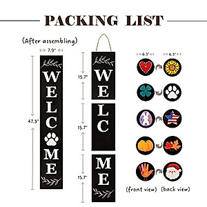 Perfnique Interchangeable Welcome Sign for Front Porch Standing, 47 x 7.9 Inch Black Wooden Leaner Sign with 10 Interchangeable Designed Icons(5 double sided disks), Modern Farmhouse Rustic Seasonal Decor for Summer American Y‘all Fall Christmas
