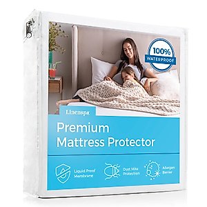 LINENSPA Premium Mattress Protector - White - Cal King Size - Breathable Polyester - Fitted Style - Waterproof Design - Machine Washable & Dryer Safe - Mattress Protector for Kids, Teens, and Adults