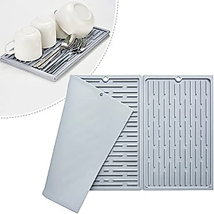 BTH Collapsible Trifold Dish Drying Mat for Kitchen Counter - Extra Large Dish Drainer Mat - Compact & Foldable Design - Durable Heat & Cold Resistant - Easy to Clean (Grey), 24"x13"