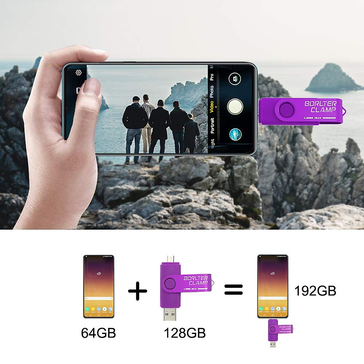 BorlterClamp 128GB USB 3.0 Flash Drive Dual Port Memory Stick, OTG Thumb Drive with Micro USB Drive Port for Android Smartphone Tablet & Computer (Purple)