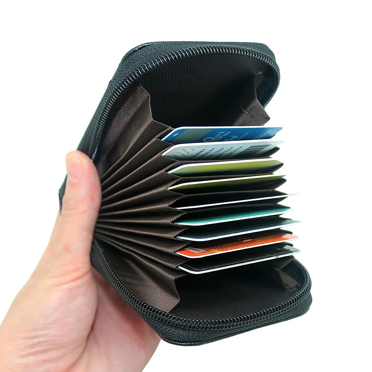 boshiho RFID Blocking Card Holder Genuine Leather Credit Card Case Organizer Compact Wallet Zip Around Accordion Style (Black)