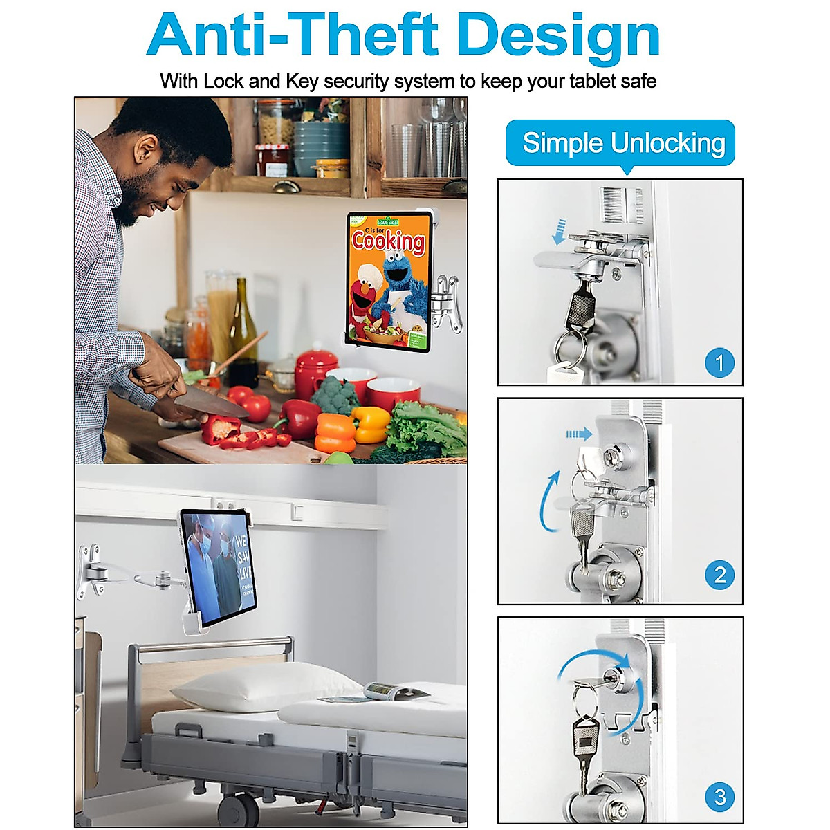 woleyi Anti-Theft Tablet Wall Holder Stand for 9"-14" Tablet, Security Heavy Duty Articulating in-Wall Tablets Mount with Lock and Key, Compatible with iPad Pro 13/Air, Surface Pro/Go, Galaxy Tabs