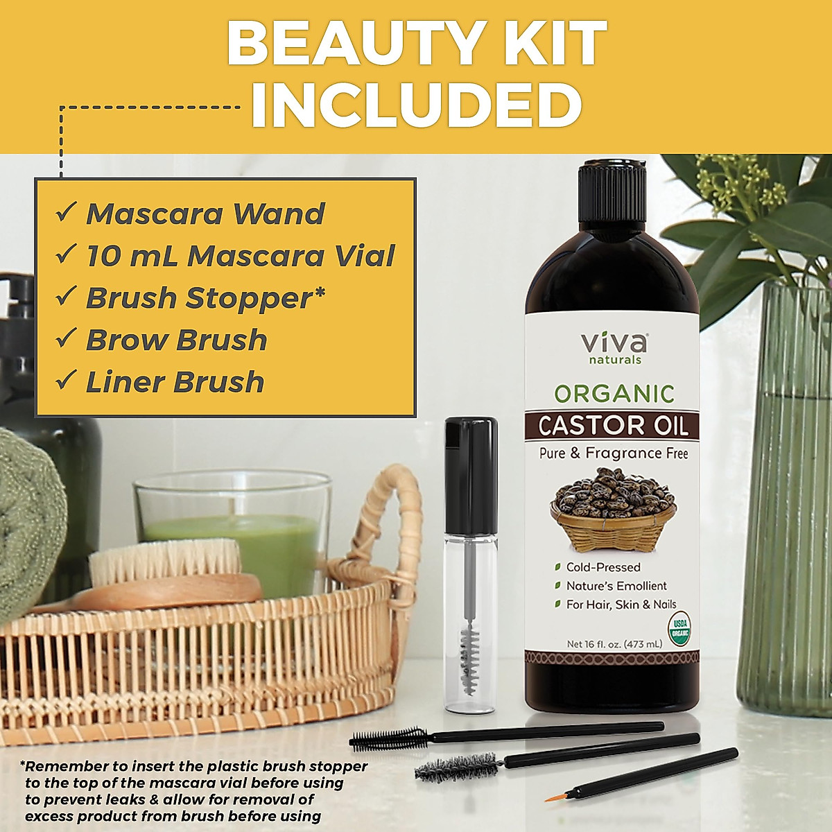 Viva Naturals Organic Castor Oil, 16 fl oz - Cold Pressed Castor Oil for Skin, Hair and Lashes - Traditionally Used to Support Hair Growth - Certified Organic & Non-GMO - Includes Beauty Kit