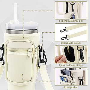 UQM Water Bottle Carrier Bag for Stanley 40 Oz Tumbler with Handle, Water Bottle Holder with Adjustable Shoulder Strap, Stanley Cup Accessories for Hiking Travelling Camping (Cream)