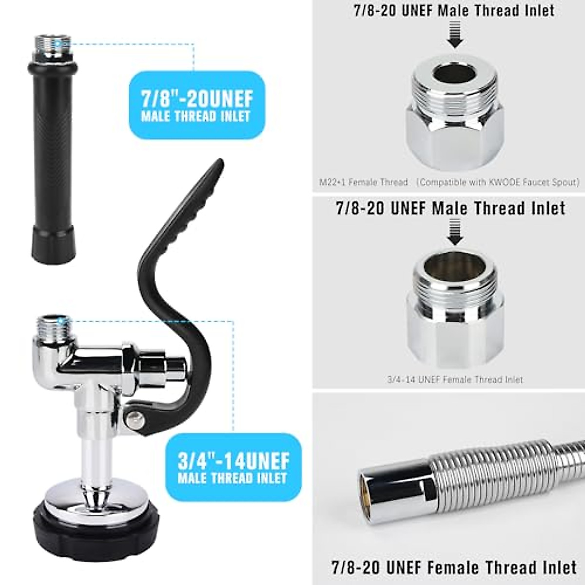Spray Valve with 45" Flexible Stainless Steel Hose & Pre-Rinse Overhead Spring, Commercial Faucet Flexible Hose with Spray Head Replacement Kit for Commercial Restaurant Industrial Kitchen Sink Faucet