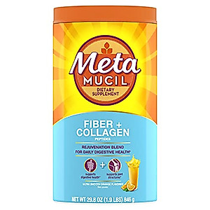 Metamucil Daily Fiber + Collagen, Psyllium Husk Powder, Plant Based, Sugar-Free with Stevia, 3-in-1 Fiber for Digestive Health, Orange Flavored, 90 Doses (29.8 OZ Fiber Powder)