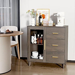 Function Home Sideboard Buffet, Storage Cabinet with Glass Door, Wood Accent Console with Drawers, Mid Century Coffee Bar for Kitchen, Living Room, Hallway, Entry, Walnut