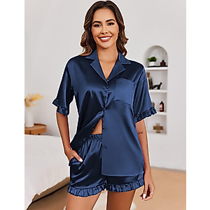 Ekouaer Womens Satin Pajamas Set Button Down Silk 2 Piece Pj Sets Ruffle Short Sleeve Sleepwear,Navy Blue,M