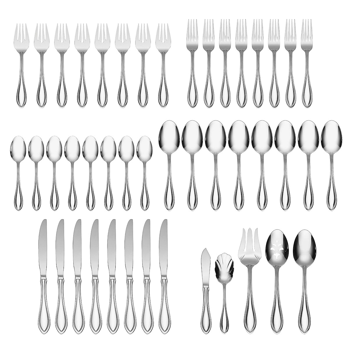Oneida American Harmony 45 Piece Everyday Flatware, Service for 8, 18/0 Stainless Steel, Silverware Set, Dishwasher Safe, Silver