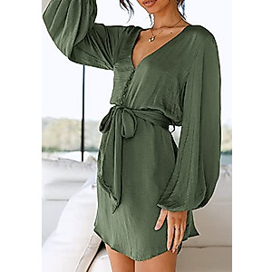 PRETTYGARDEN Women's Spring Long Puff Sleeve Satin Dress V Neck Cocktail Party Belted Short Formal Dresses (Army Green,Medium)