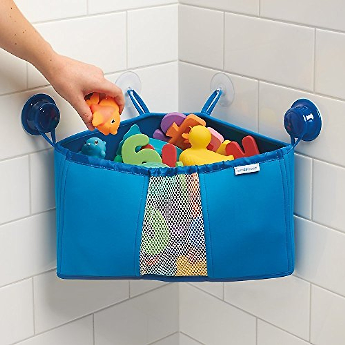 iDesign IDjr Neoprene Suction Cup Corner Bathroom Shower Caddy Basket, Baby Bath Toy Organizer, 13.5" x 11" x 11" - Blue