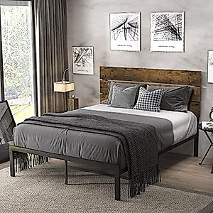 Allewie Queen Size Platform Bed Frame with Wooden headboard and Metal Slats/Rustic Country Style Mattress Foundation/Box Spring Optional/Strong Metal Slats Support/Easy Assembly