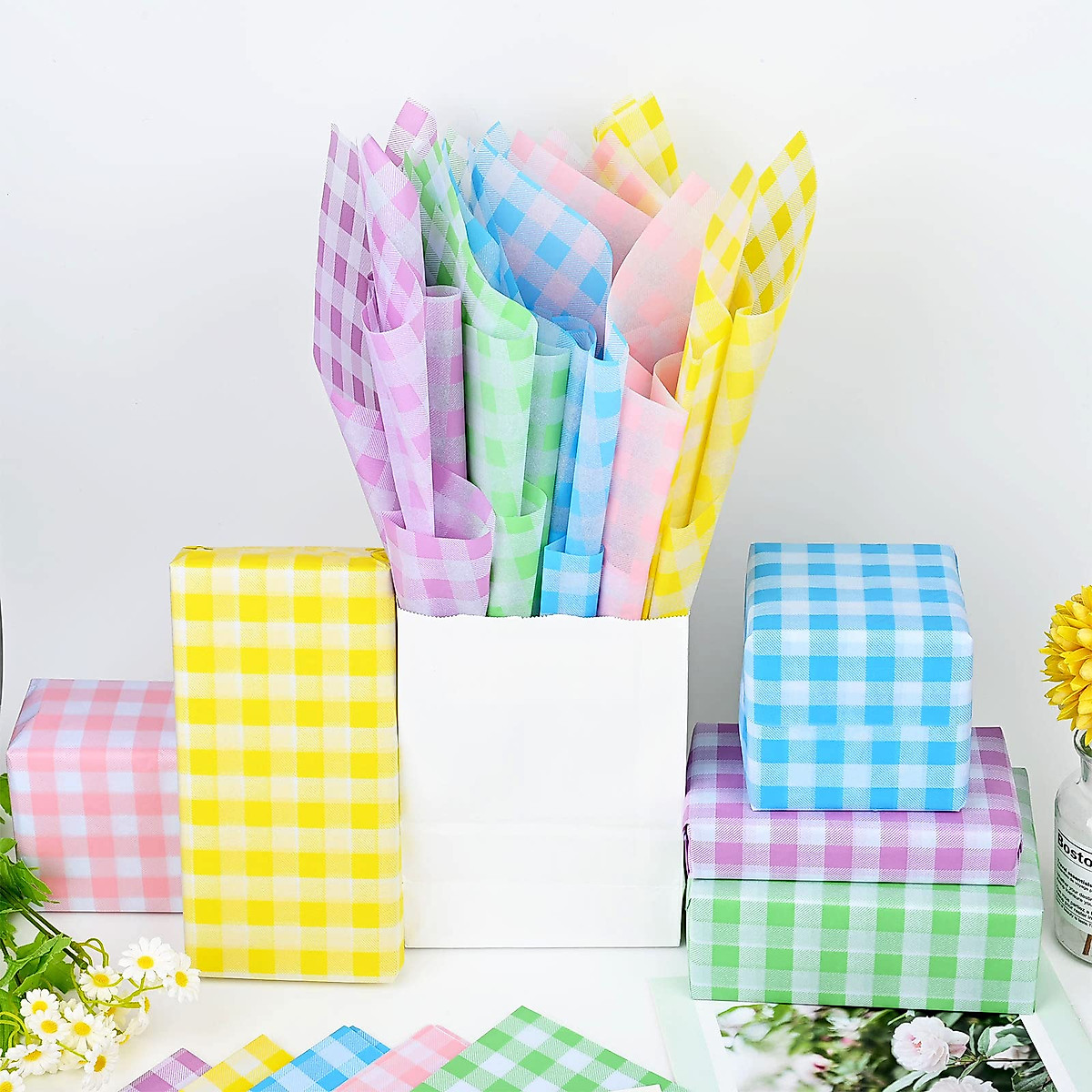 Bolsome 50 Sheets Spring Pastel Tissue Paper Buffalo Plaid Wrapping Paper Pink Yellow Blue Green Purple Gift Tissue Paper for Home DIY Gift Bags Spring Easter Birthday Decoration, 20 x 30inch